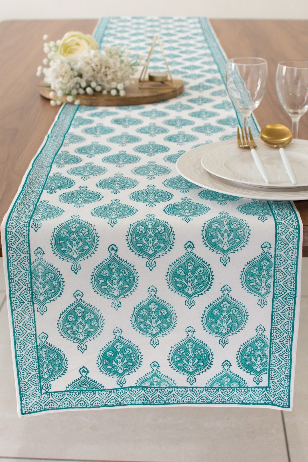 Teal Block Print Table Runner in Damask Pattern - Etsy