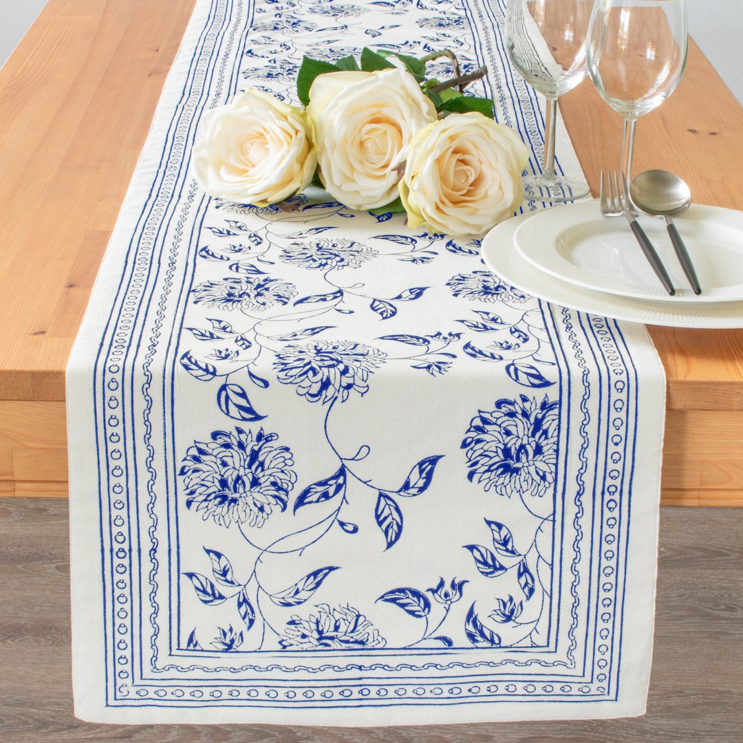 Blue Table Runners, 100% Cotton, Floral Hand Block Print for Home ...