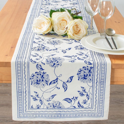 Blue White Table Cloth 100% Cotton Floral Hand Block Print - Etsy