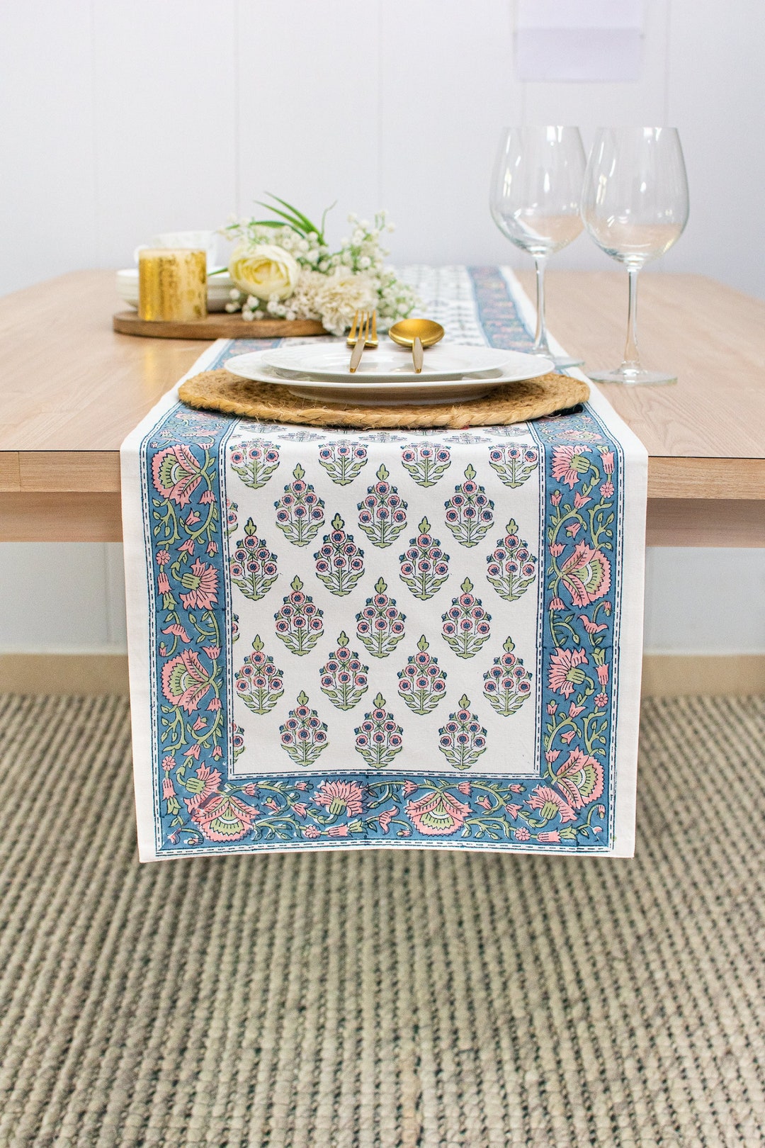 Blue Peach Floral Block Print Table Runner for Thanksgiving, Christmas ...