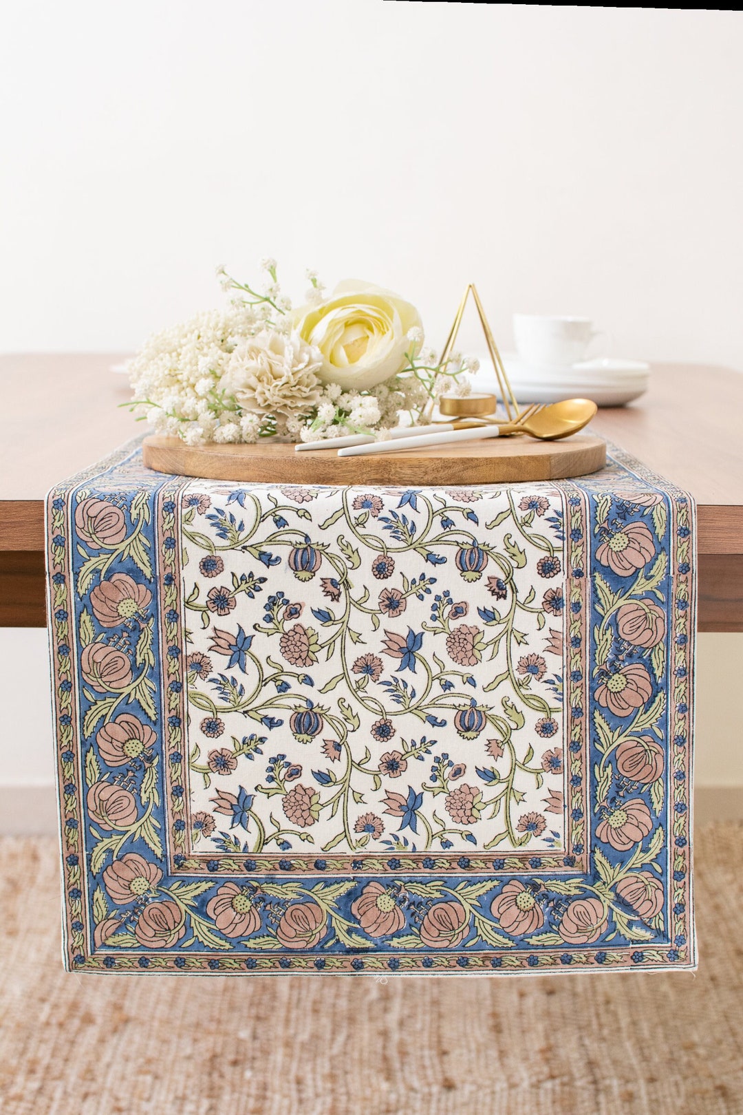 Midnight Blue Dining Table Runners, 100% Cotton, Floral Hand Block ...