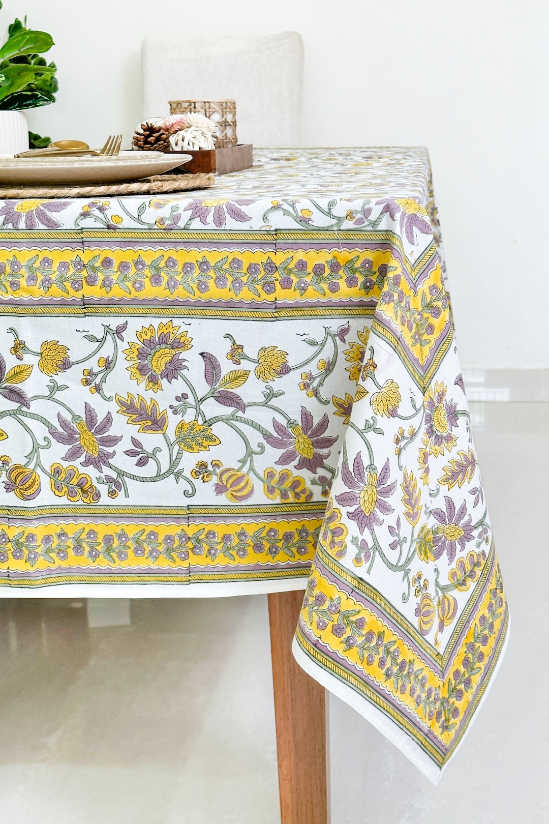 Yellow Taupe Floral 100% Cotton Table Cloth for Dining Table Kitchen ...