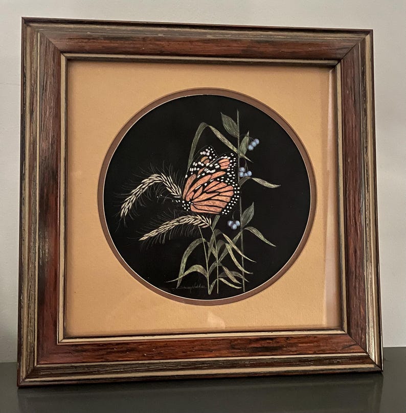 Vtg. 1983 Sharon Wald Butterfly Scratchboard Art Print Framed 10 1/2"x ...