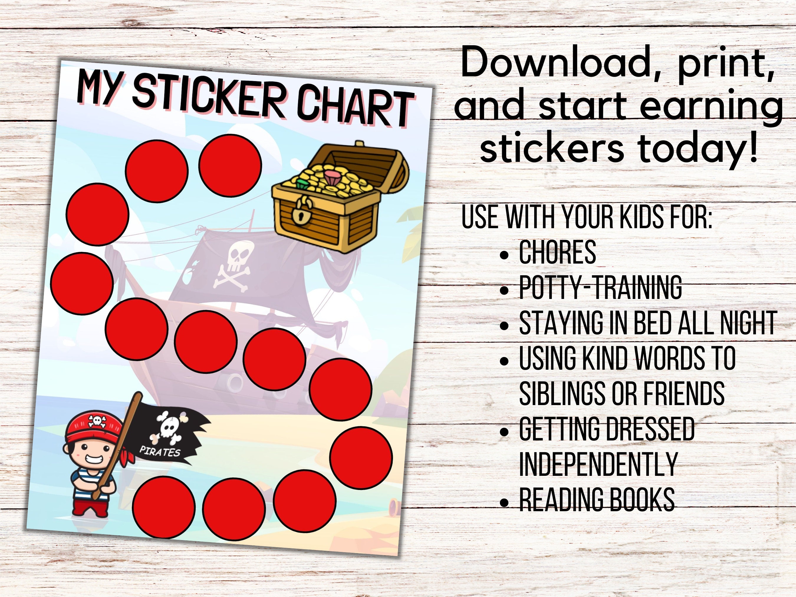 Pirate and Treasure Reward Chart for Kids, Kids Sticker Chart - Instand ...