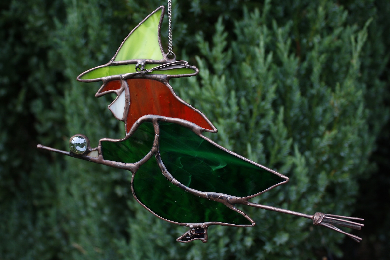 Stained Glass Witch on the Broomstick With Magic Ball Window Sunchater ...