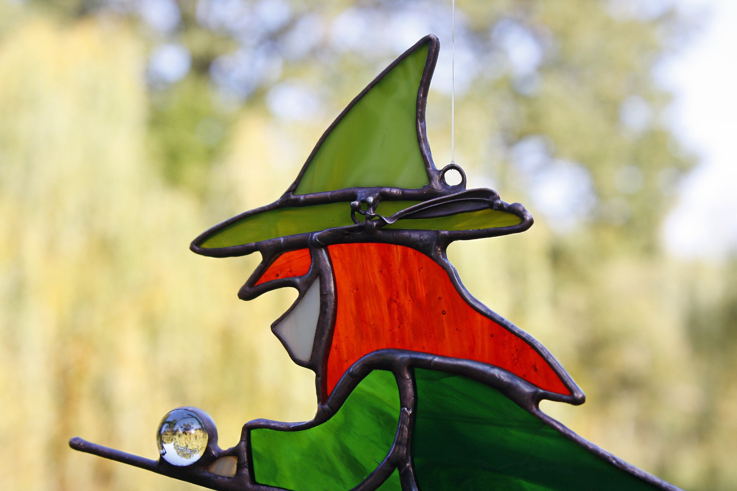 Stained Glass Witch on the Broomstick With Magic Ball Window Sunchater ...
