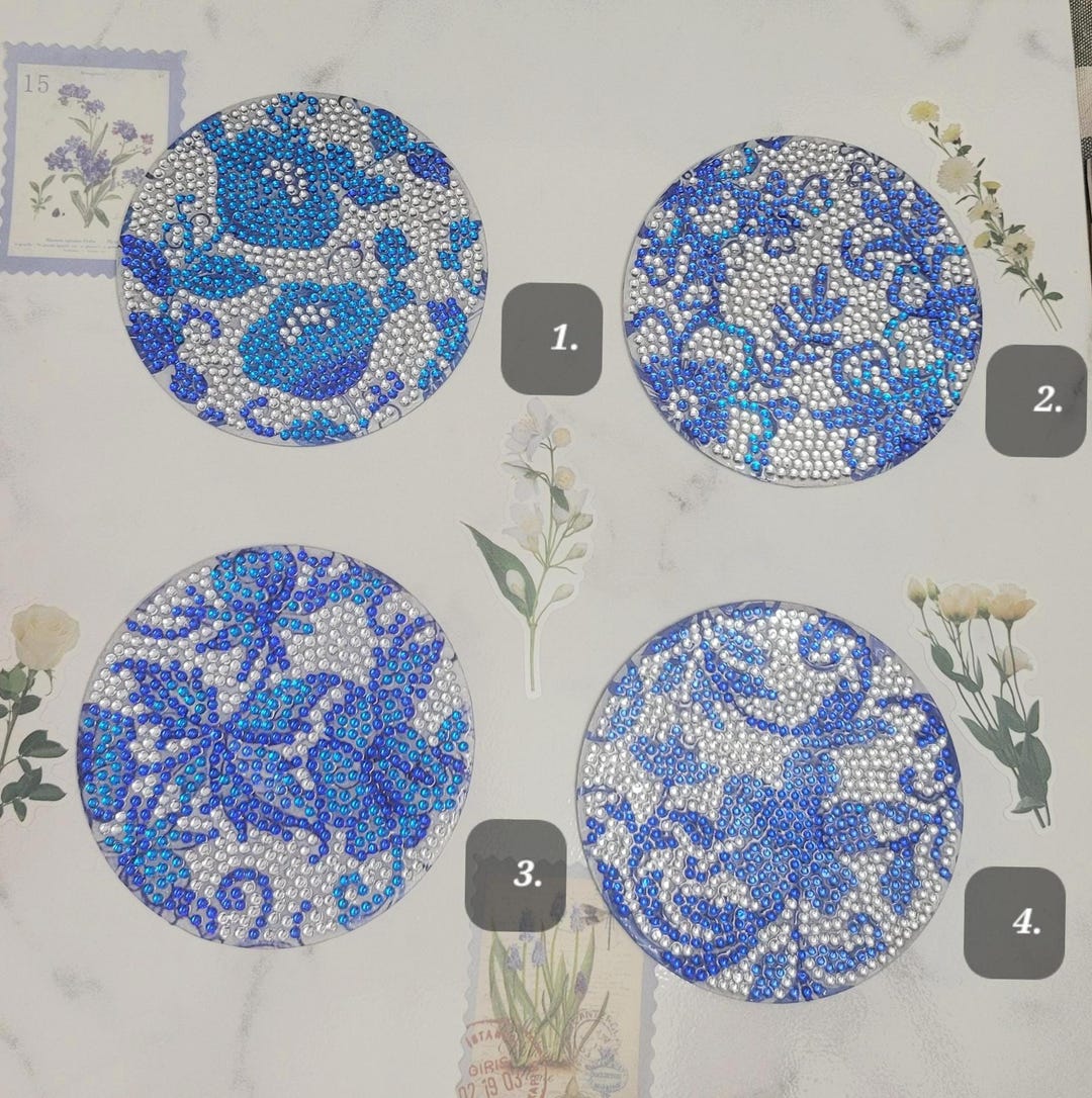 Handmade Gem Flower Coasters: Blue & White, Cork Bottom - Etsy