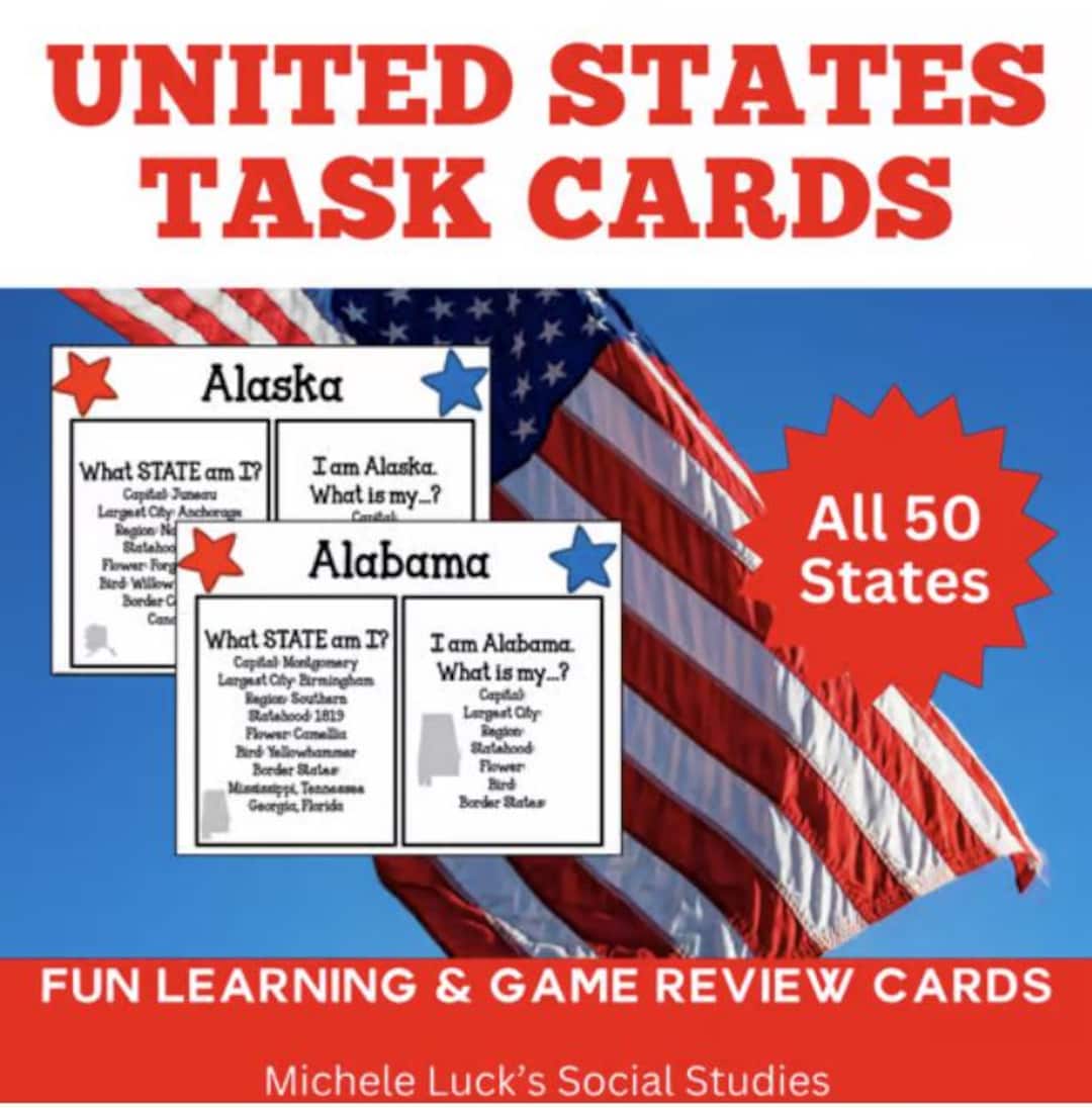 United States Geography Matching Cards - Task Cards - America 50 State ...
