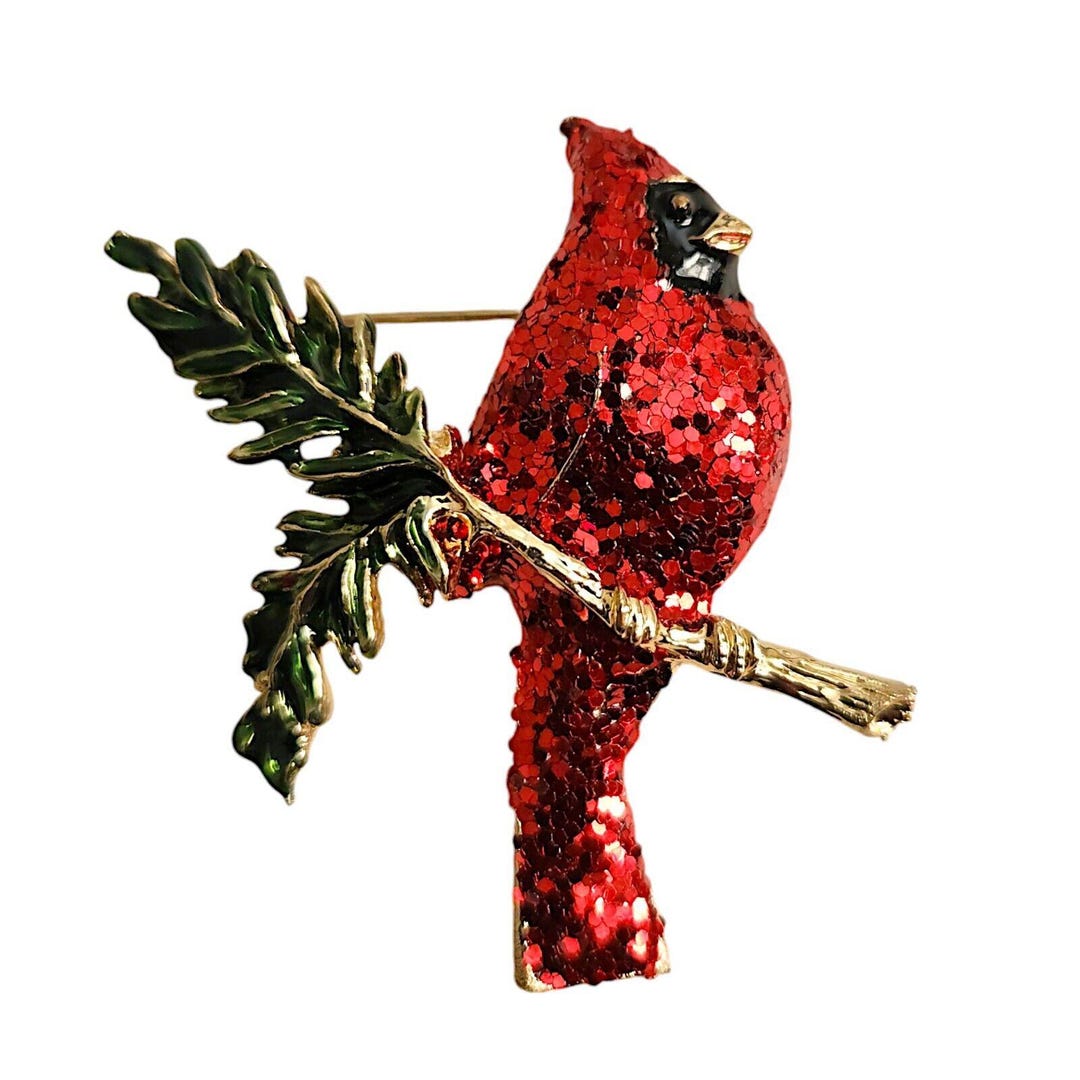 Vintage Beautiful Red Glitter Enamel Cardinal Bird Gold Tone Brooch Pin ...