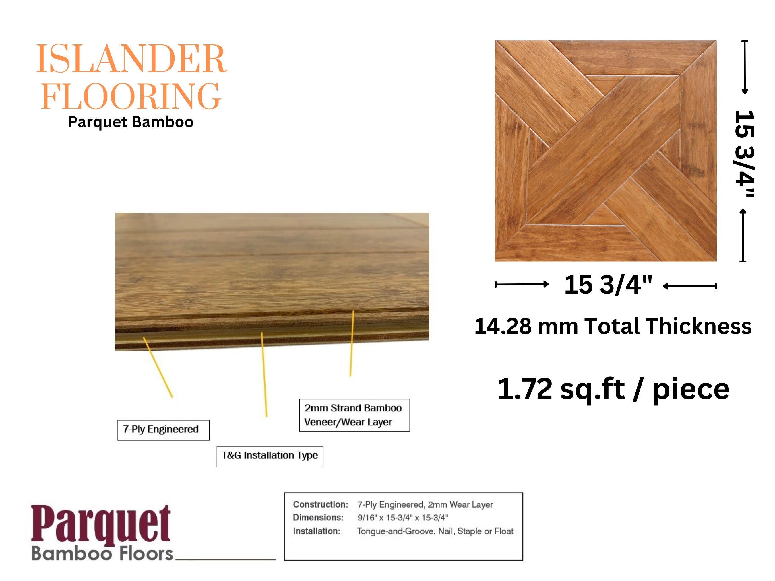 Islander Flooring Luxury Parquet Engineered Bamboo Floor 9/16” Thick X ...