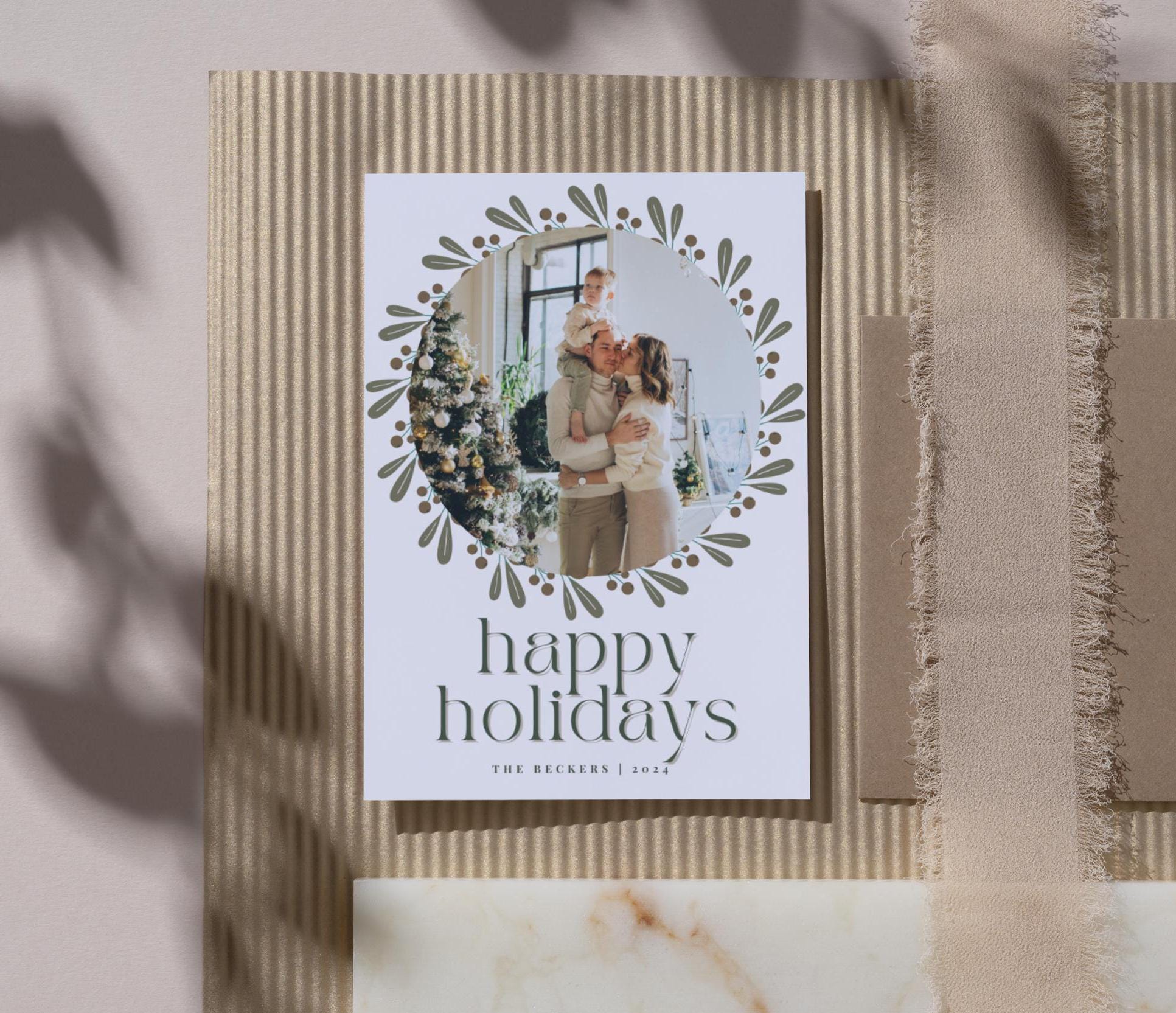 Boho Garland Holiday Card Template, Wreath Photo Christmas Card ...