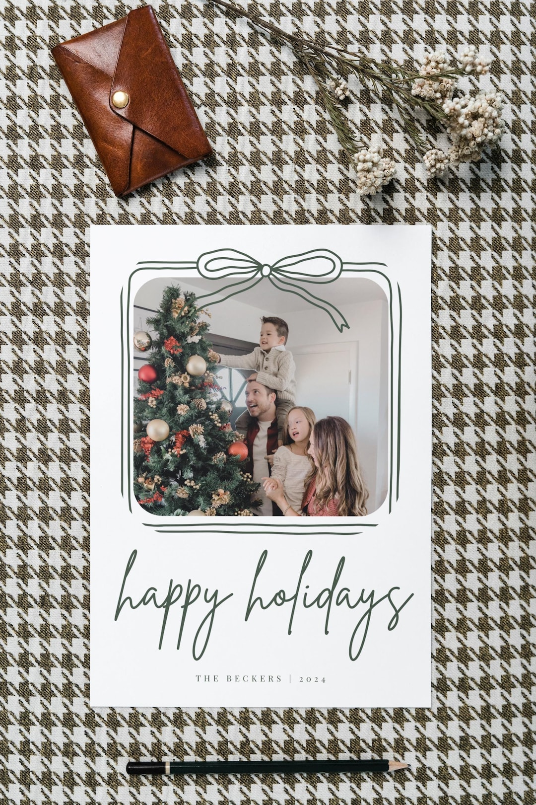 Minimalist Holiday Card Template, Editable Christmas Card With Bow ...