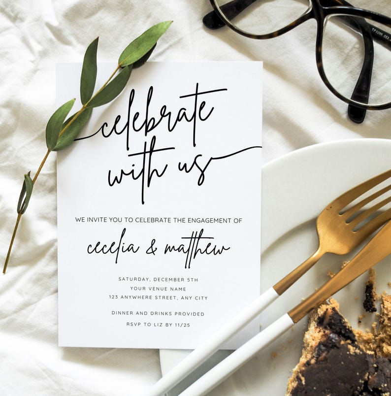 Modern Engagement Party Invitation Template, Black and White Canva ...