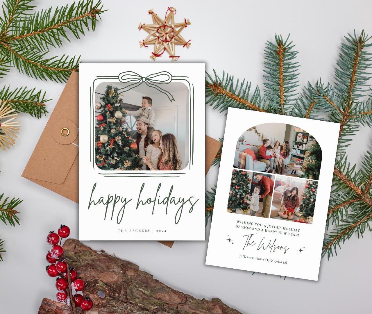 Minimalist Holiday Card Template, Editable Christmas Card With Bow ...