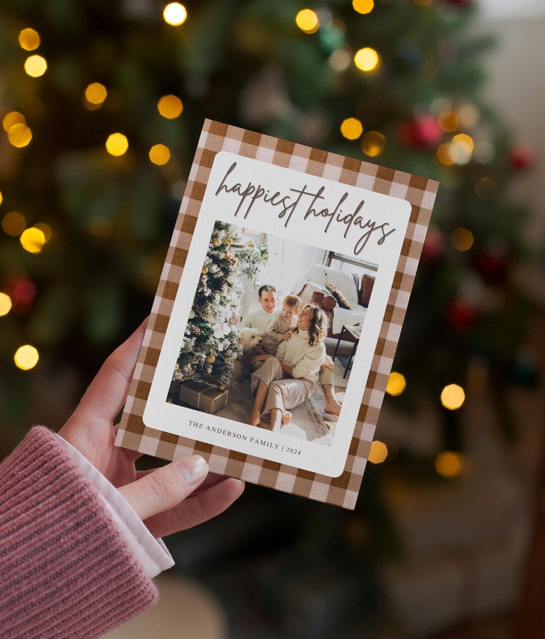 Plaid Photo Holiday Card Template, Minimalist Happy Holidays, Simple ...
