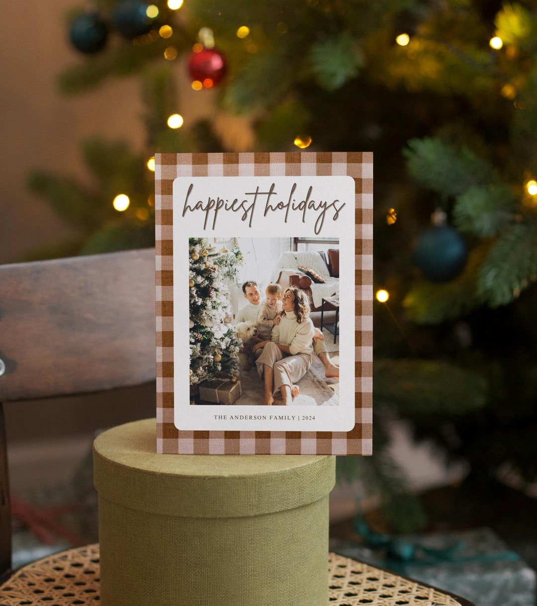 Plaid Photo Holiday Card Template, Minimalist Happy Holidays, Simple ...
