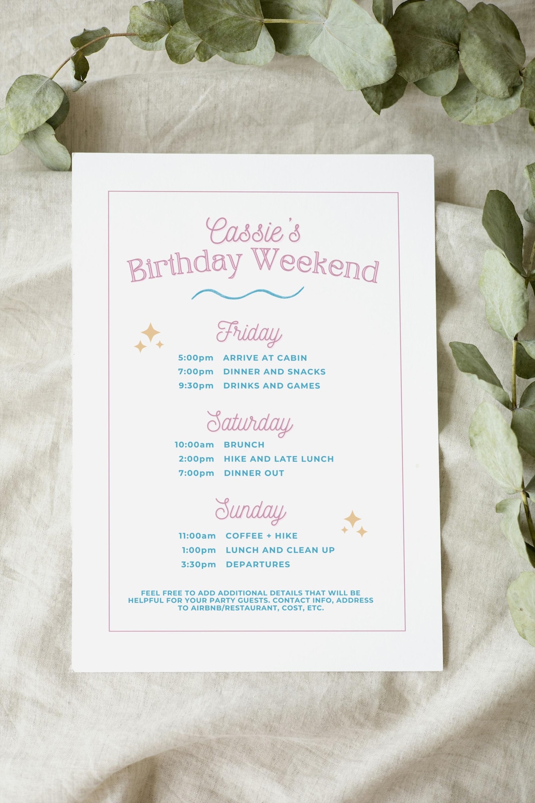 Birthday Weekend Itinerary Template, Birthday Weekend Agenda, Editable ...