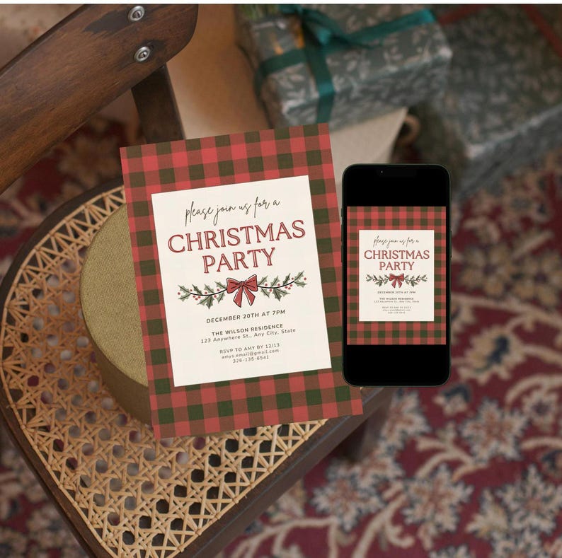 Christmas Party Invitation Template, Festive Plaid Card With Greenery ...