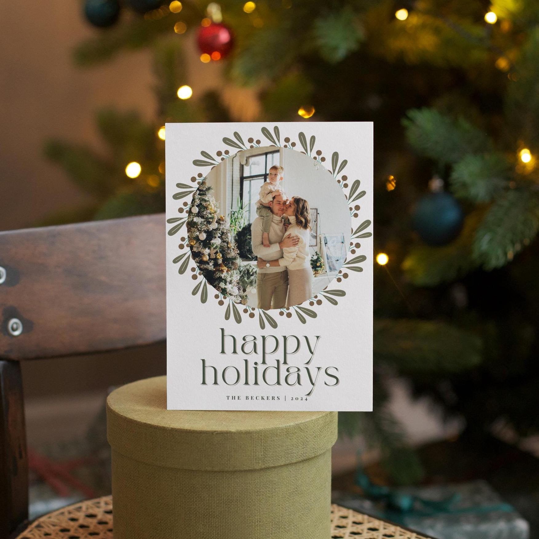 Boho Garland Holiday Card Template, Wreath Photo Christmas Card ...