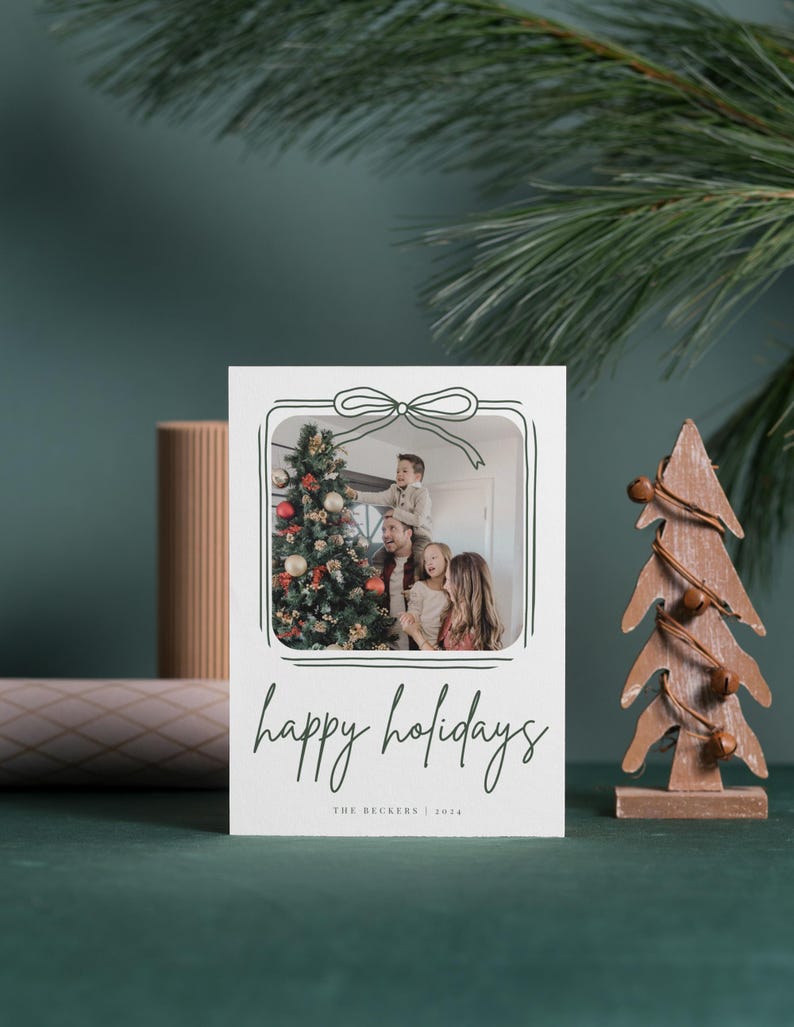 Editable Minimalist Christmas Card Template, Happy Holidays Bow Design ...
