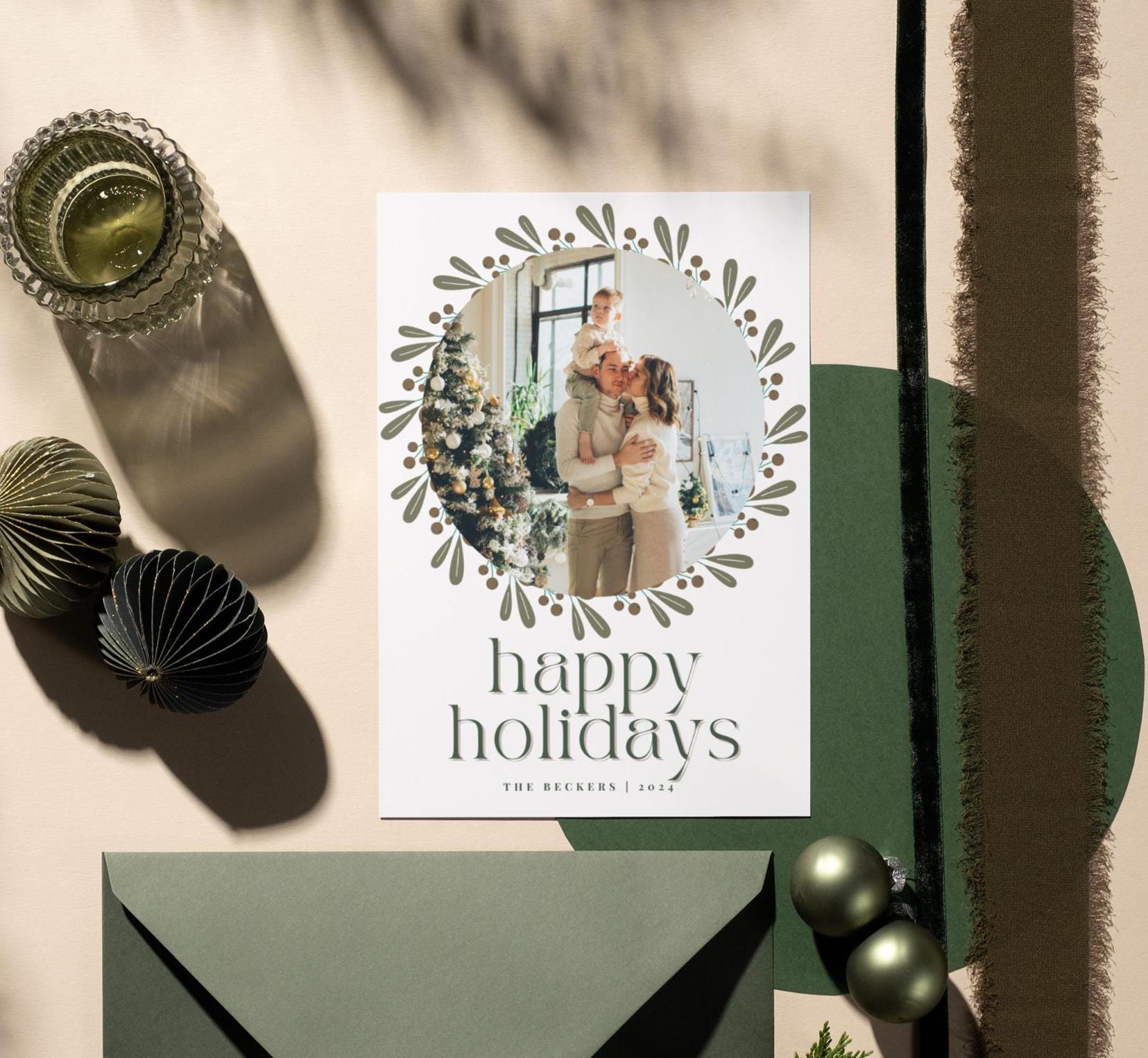 Boho Garland Holiday Card Template, Wreath Photo Christmas Card ...
