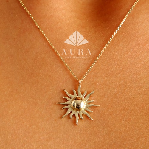 14K Gold Sun Necklace Sunburst Celestial Pendant Sun Charm - Etsy