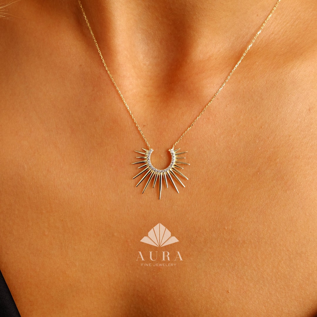 14K Gold Sunburst Necklace, Spikey Gold Sun Pendant, Crescent Necklace ...