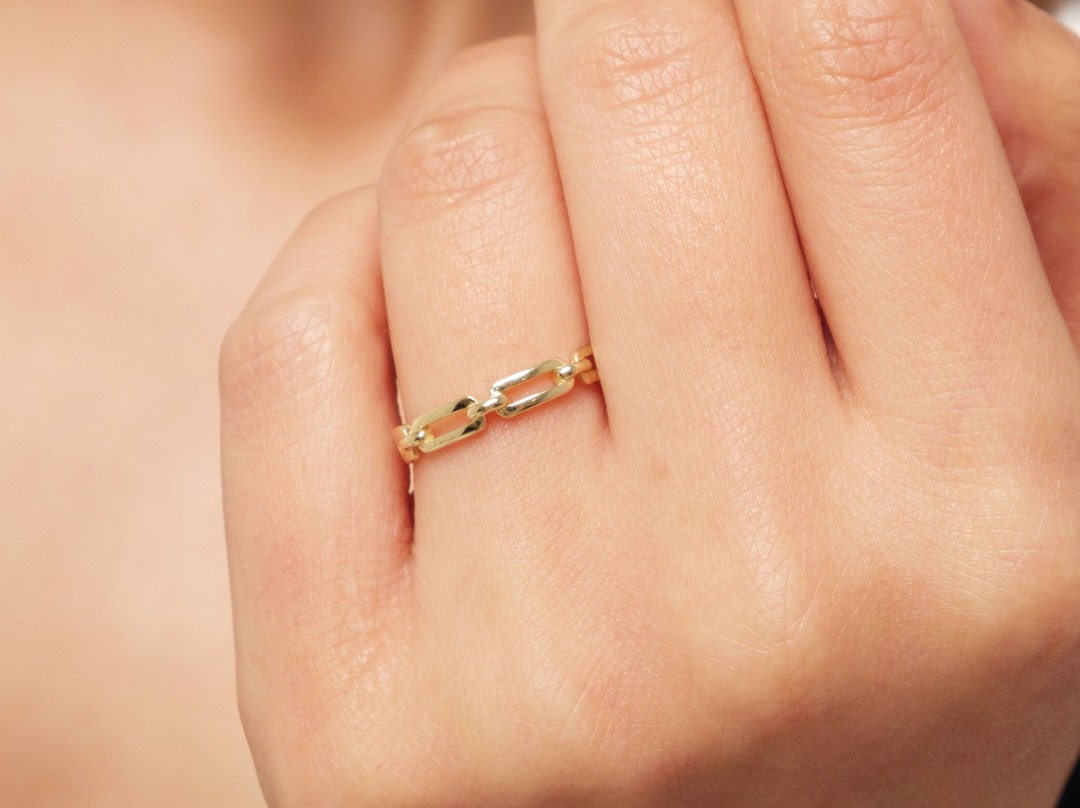 14K Gold Paperclip Chain Ring, Dainty Gold Chain Band, Rectangle Chain ...