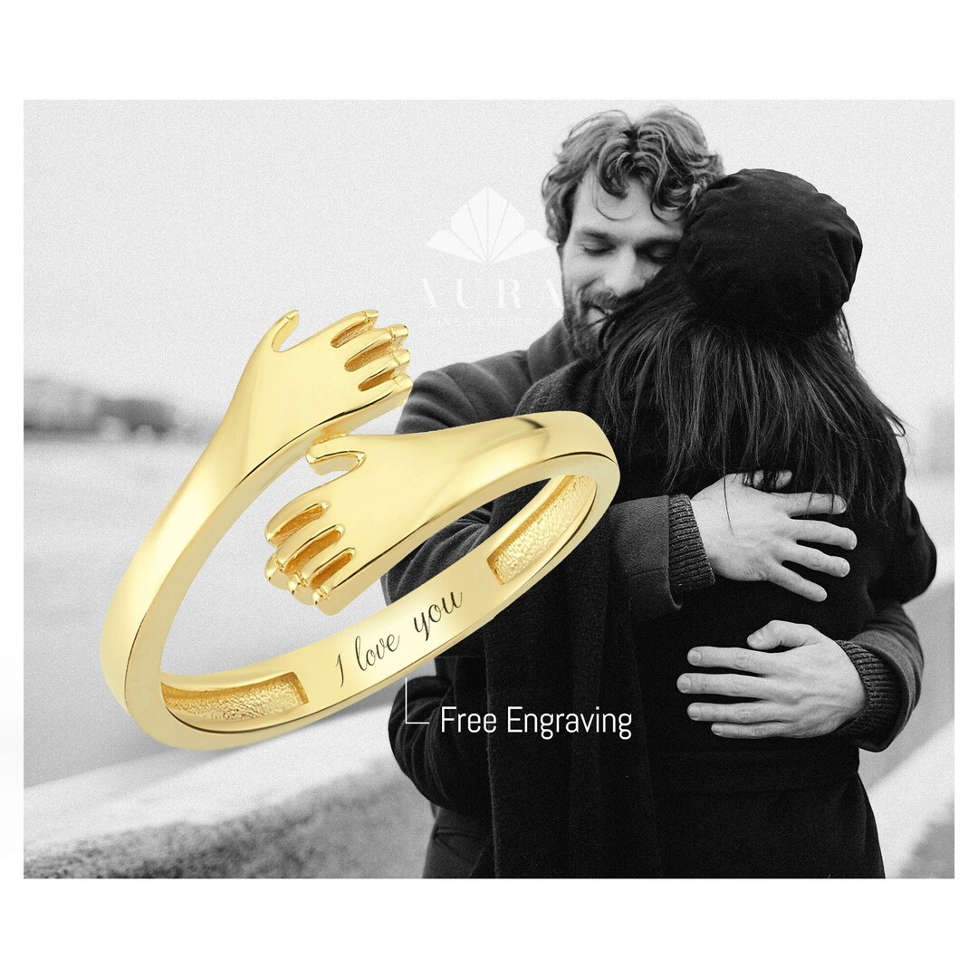 14K Gold Hug Ring, Dainty Love Band Ring, Hugging Hands Ring, Two Hand ...