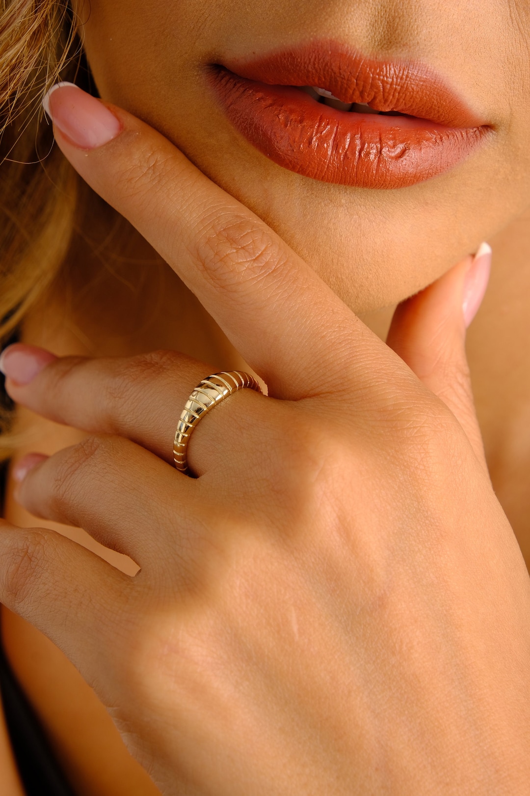 14K Gold Tiny Croissant Ring, Twisted Dome Ring Women, Croissant Ring, Thin Croissant Gold Dome ...
