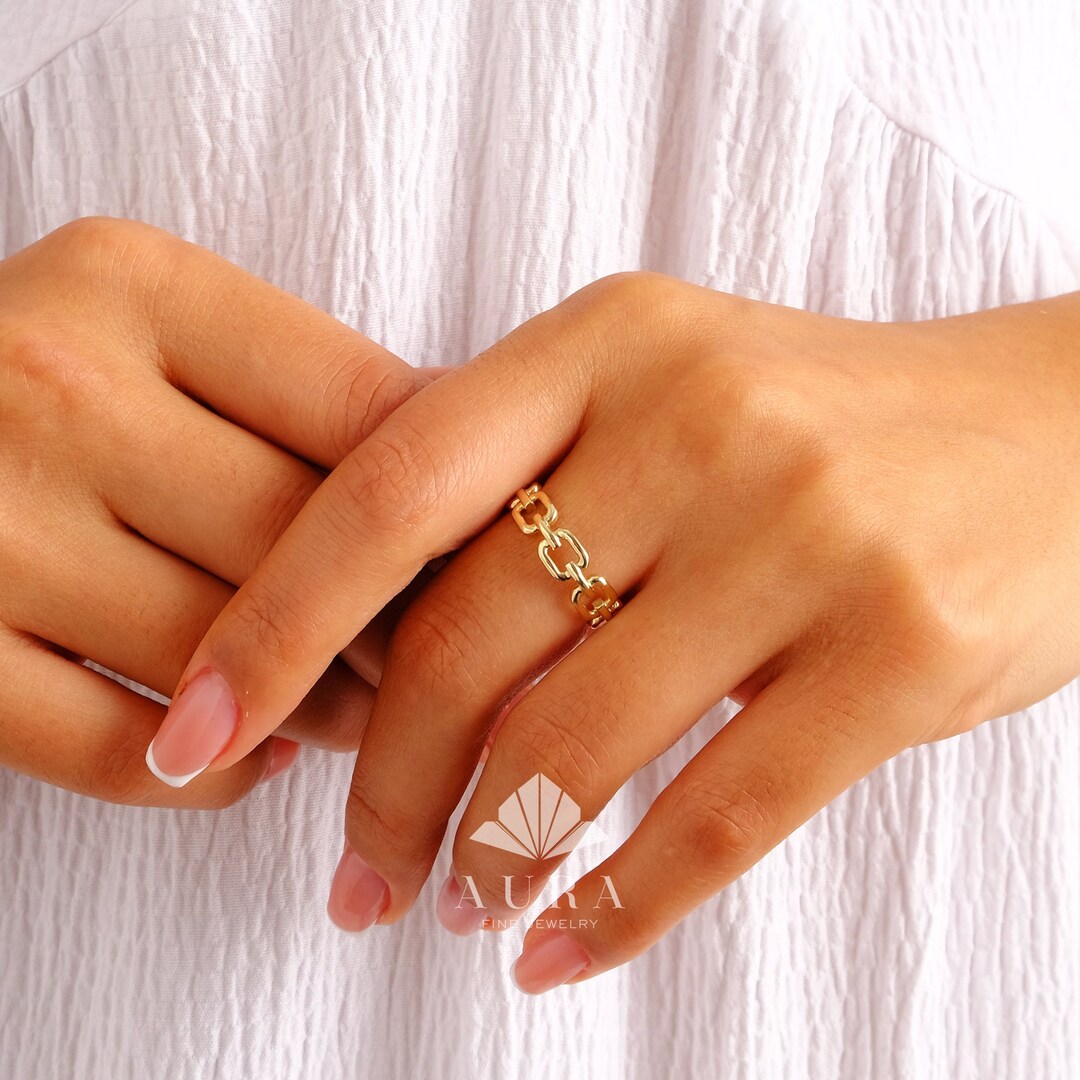 14K Gold Chain Ring, Rectangle Chain Band, 5mm Curb Link Ring, Gold ...