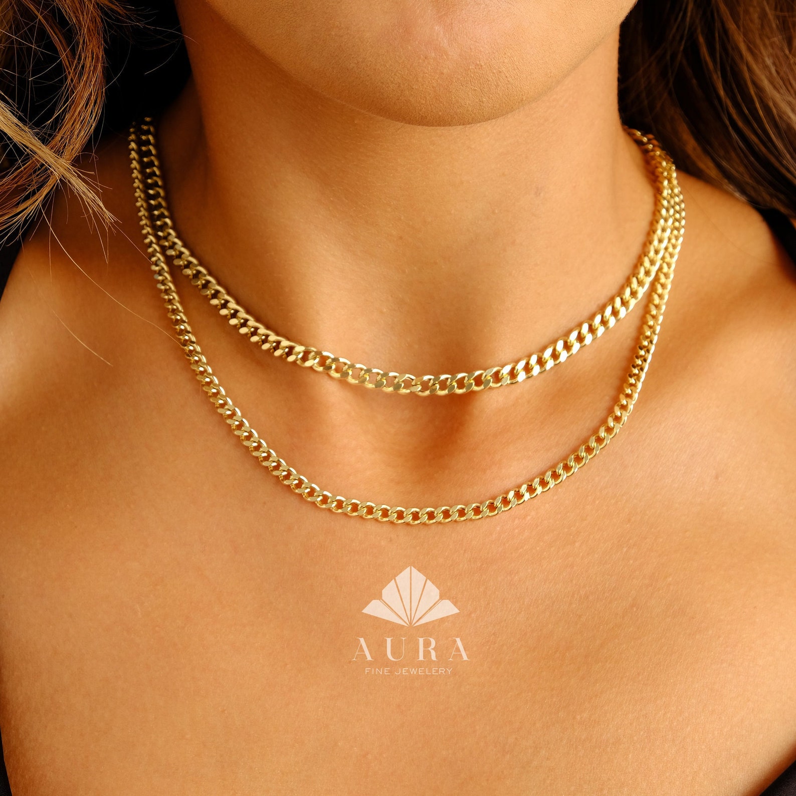 14K Gold Cuban Link Necklace, Cuban Link Chain Choker, 3mm 4mm 5mm Curb ...