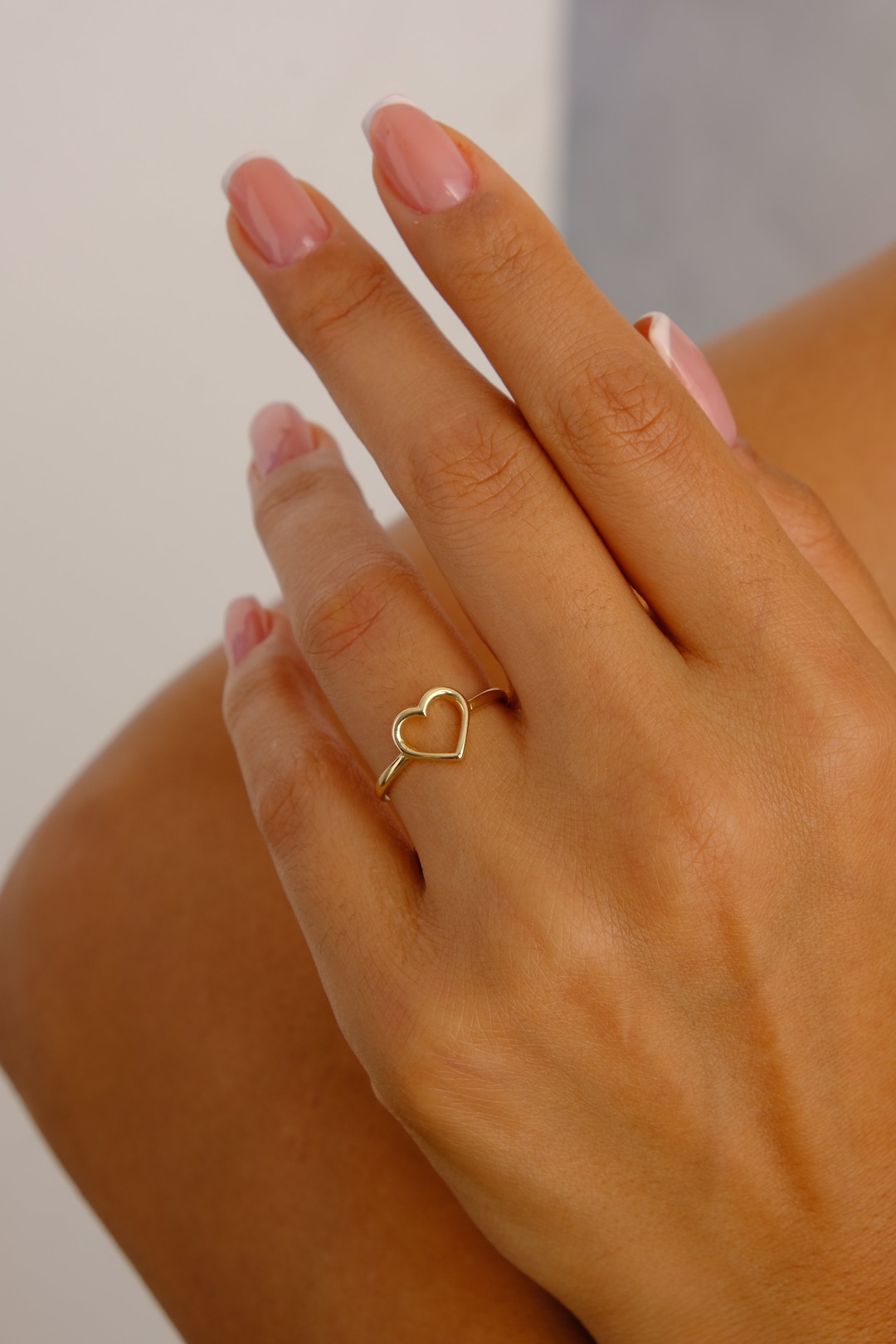 14K Gold Heart Ring, Open Heart Ring, Dainty Gold Band Ring, Love Heart ...