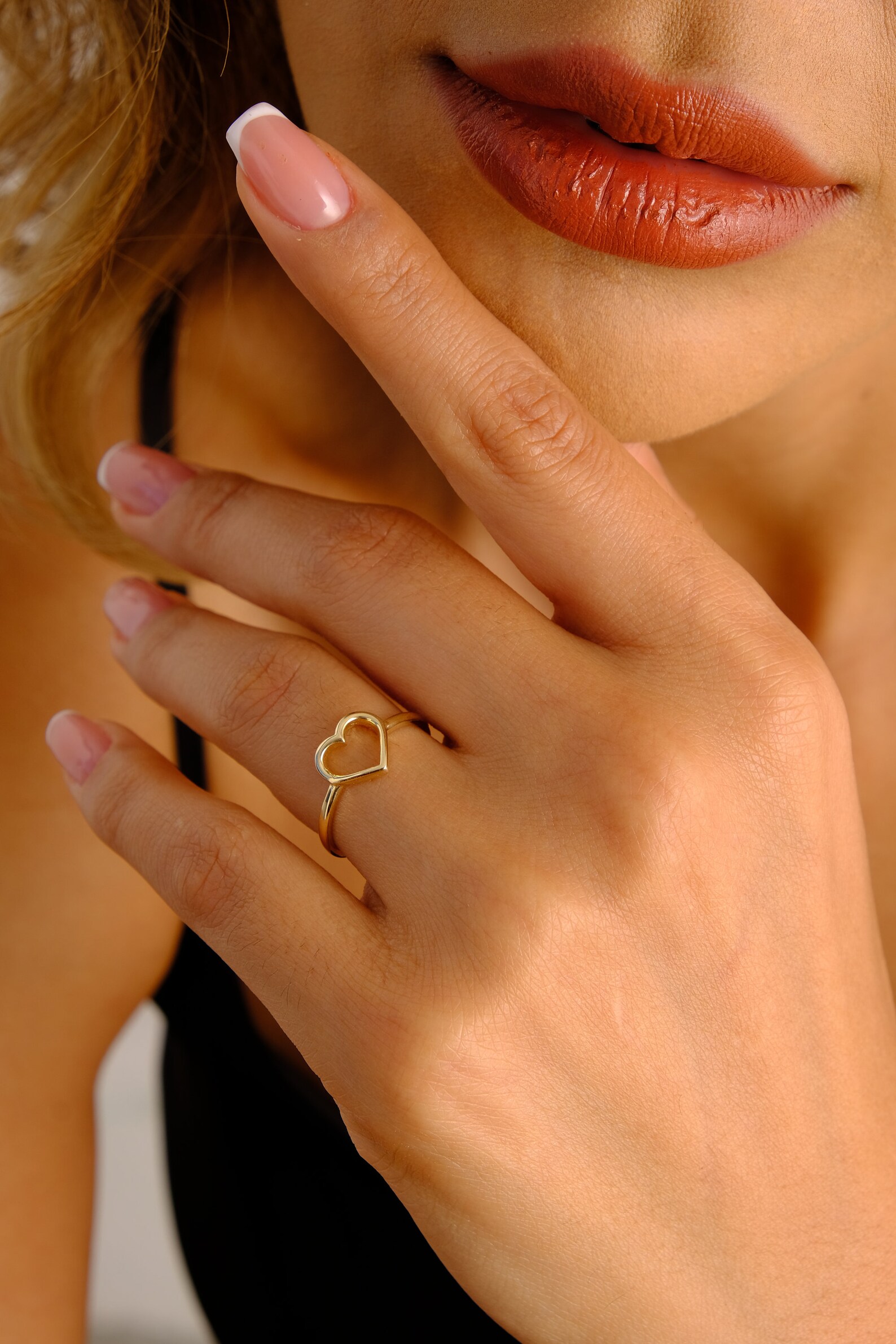 14K Gold Heart Ring Open Heart Ring Dainty Gold Band Ring - Etsy