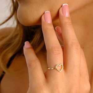 14K Gold Heart Ring, Open Heart Ring, Dainty Gold Band Ring, Love Heart ...