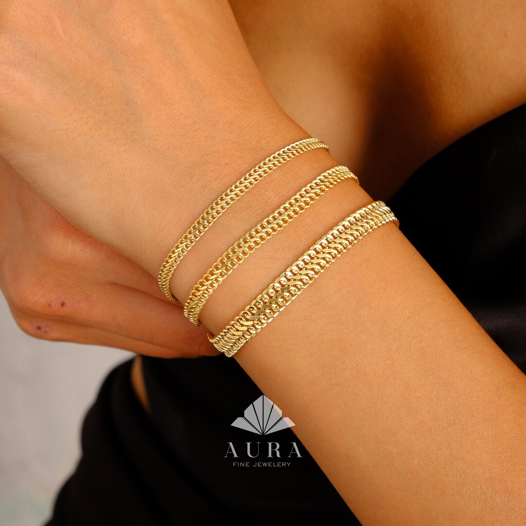 14K Gold Vienna Bracelet, Double Curb Chain Bracelet, Armoured Chain ...