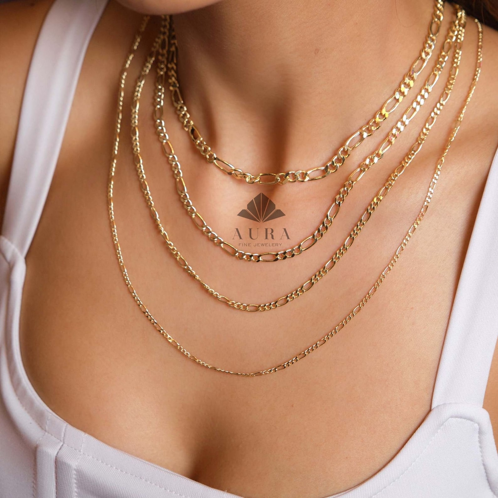 14K Gold Figaro Chain Necklace, 2mm 3mm 4mm 5mm Figaro Chain Necklace, Genuine Gold Chain Choker ...