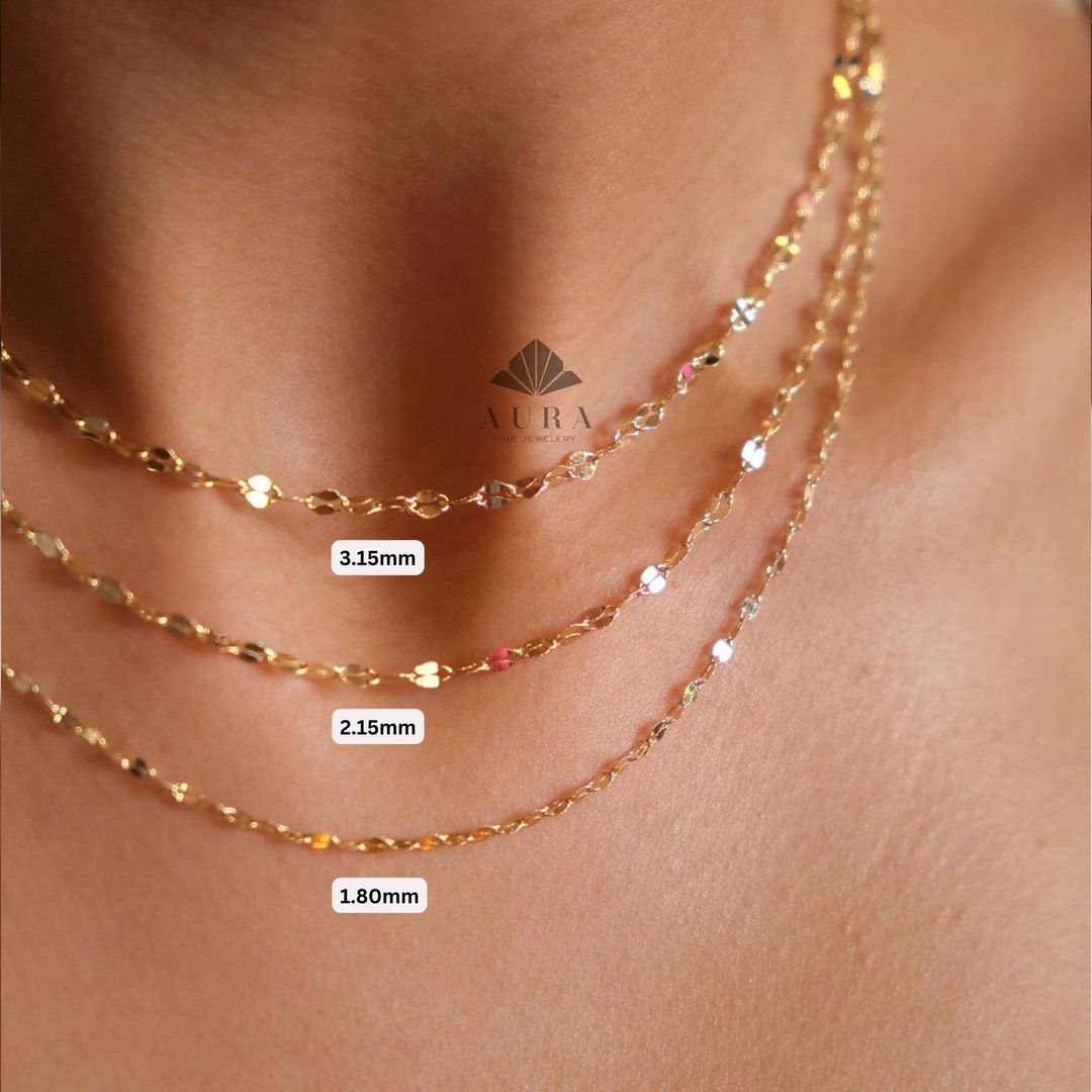 14K Gold Sequin Necklace, Sparkle Chain Necklace, 2mm 3mm 4mm Gold ...