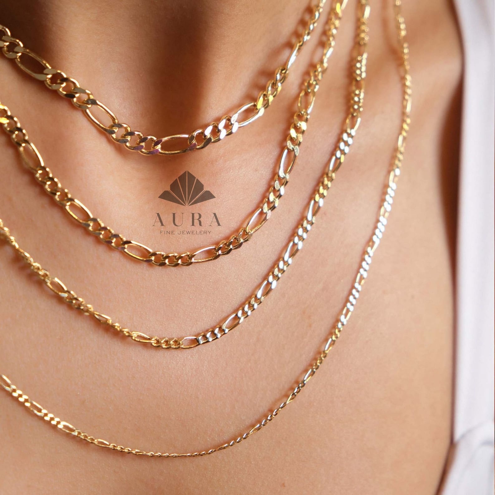 14K Gold Figaro Chain Necklace, 2mm 3mm 4mm 5mm Figaro Chain Necklace, Genuine Gold Chain Choker ...