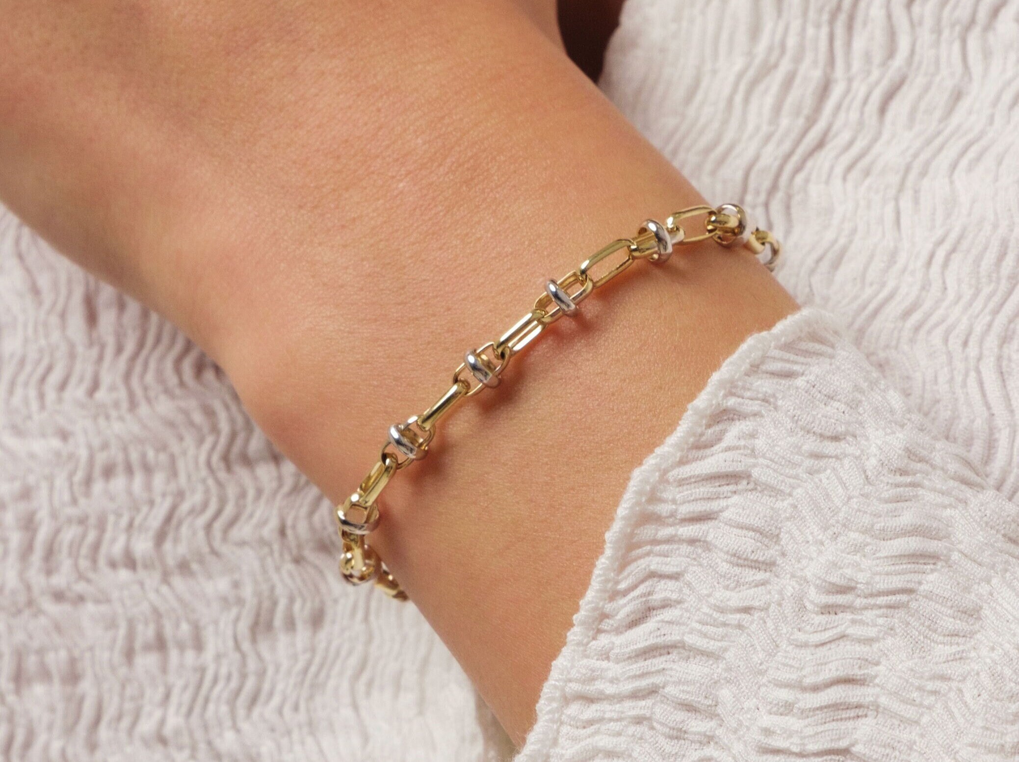 14K Gold Two Tone Chain Bracelet Vintage Fancy Design Gold Bracelet Rectangle Paperclip Chain Oval Link Chain Bracelet Gift for Her