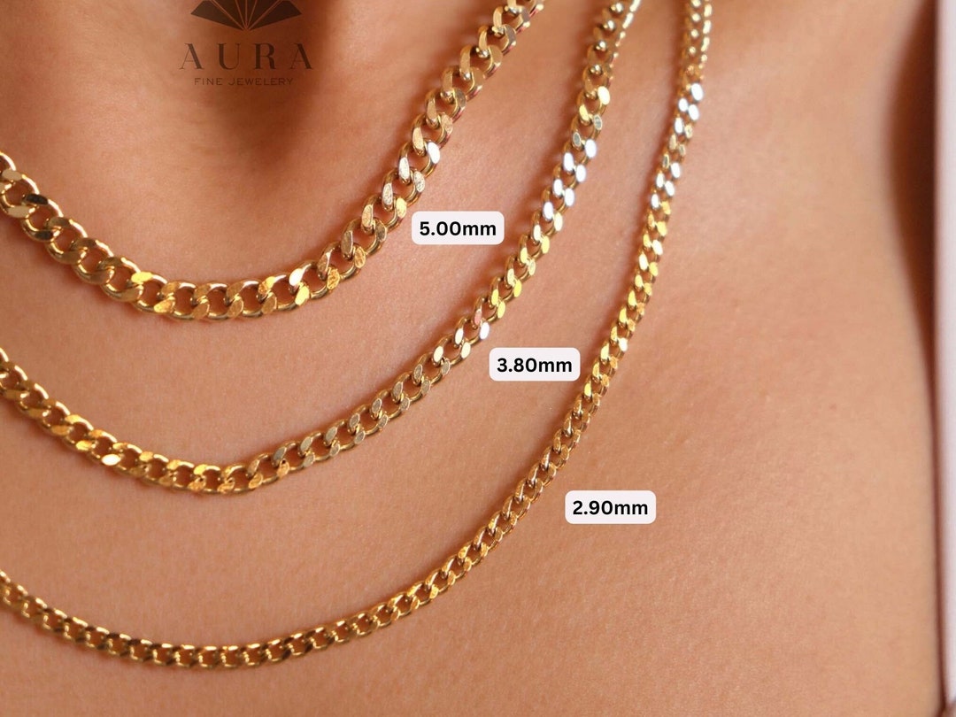 14K Gold Cuban Link Necklace, Cuban Link Chain Choker, 3mm 4mm 5mm Curb Link Necklace, Layering ...