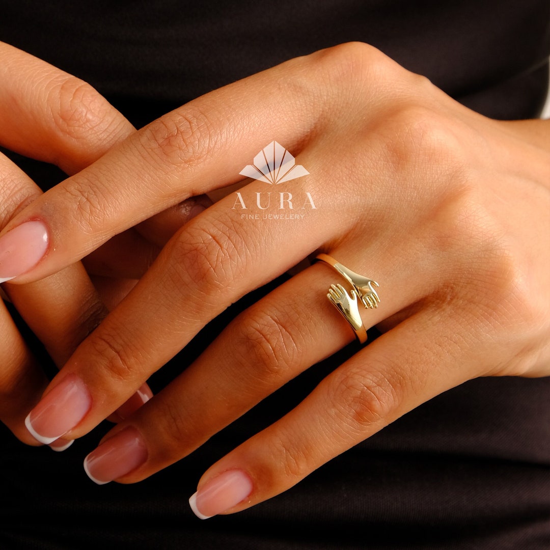 14K Gold Hug Ring, Hugging Hands Ring, Hug Gold Ring, Unique Love ...