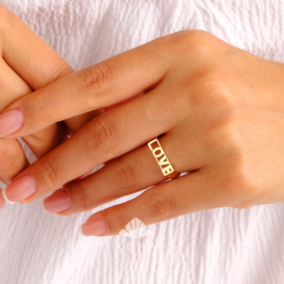 14K Gold Script Love Ring, Chunky Statement Word Ring, Stackable Ring ...