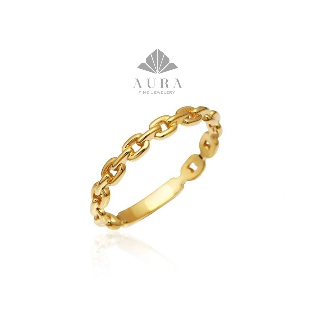 14K Gold Chain Ring, Paperclip Chain Wedding Ring, Dainty Gold Band ...