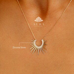 14K Gold Sunburst Necklace, Spikey Gold Sun Pendant, Crescent Necklace ...