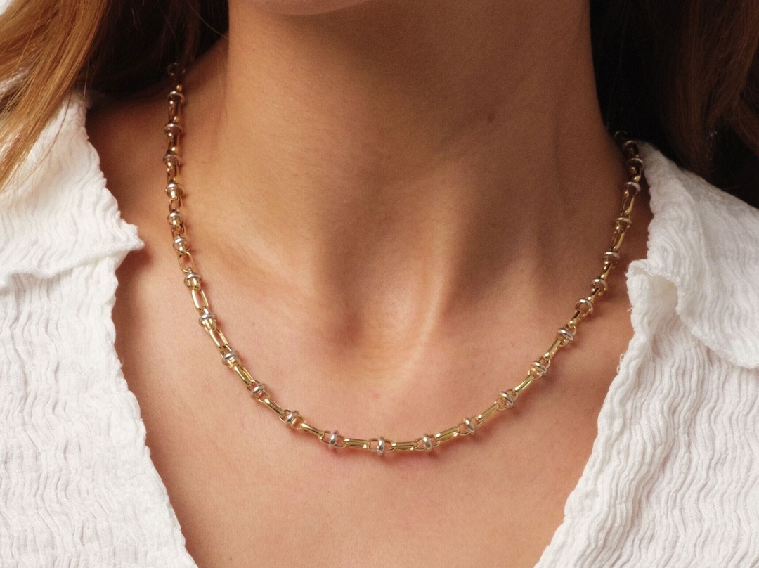 14K Gold Two Tone Chain Necklace, Vintage Fancy Design Gold Necklace ...