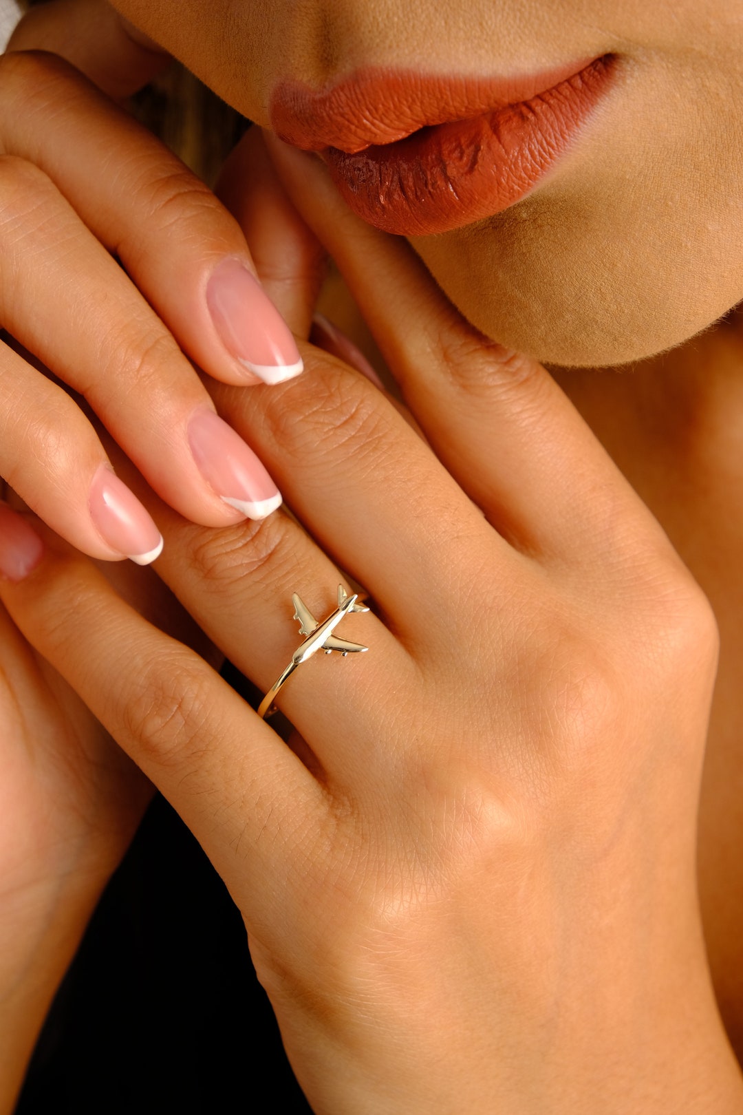 14K Gold Airplane Ring, Aviation Gold Band Ring, Pilot Gift, Travel ...