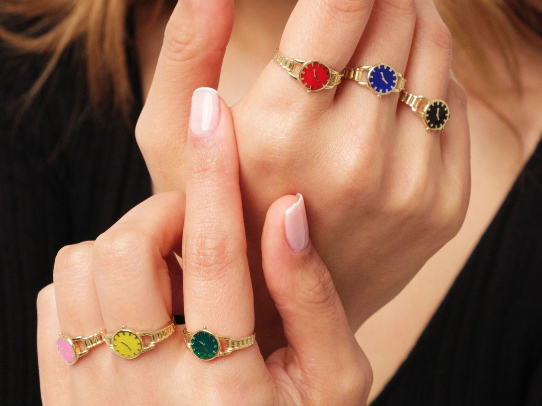14K Gold Clock Ring, Gold Watch Ring, Time Piece Ring, Colorful Watch ...