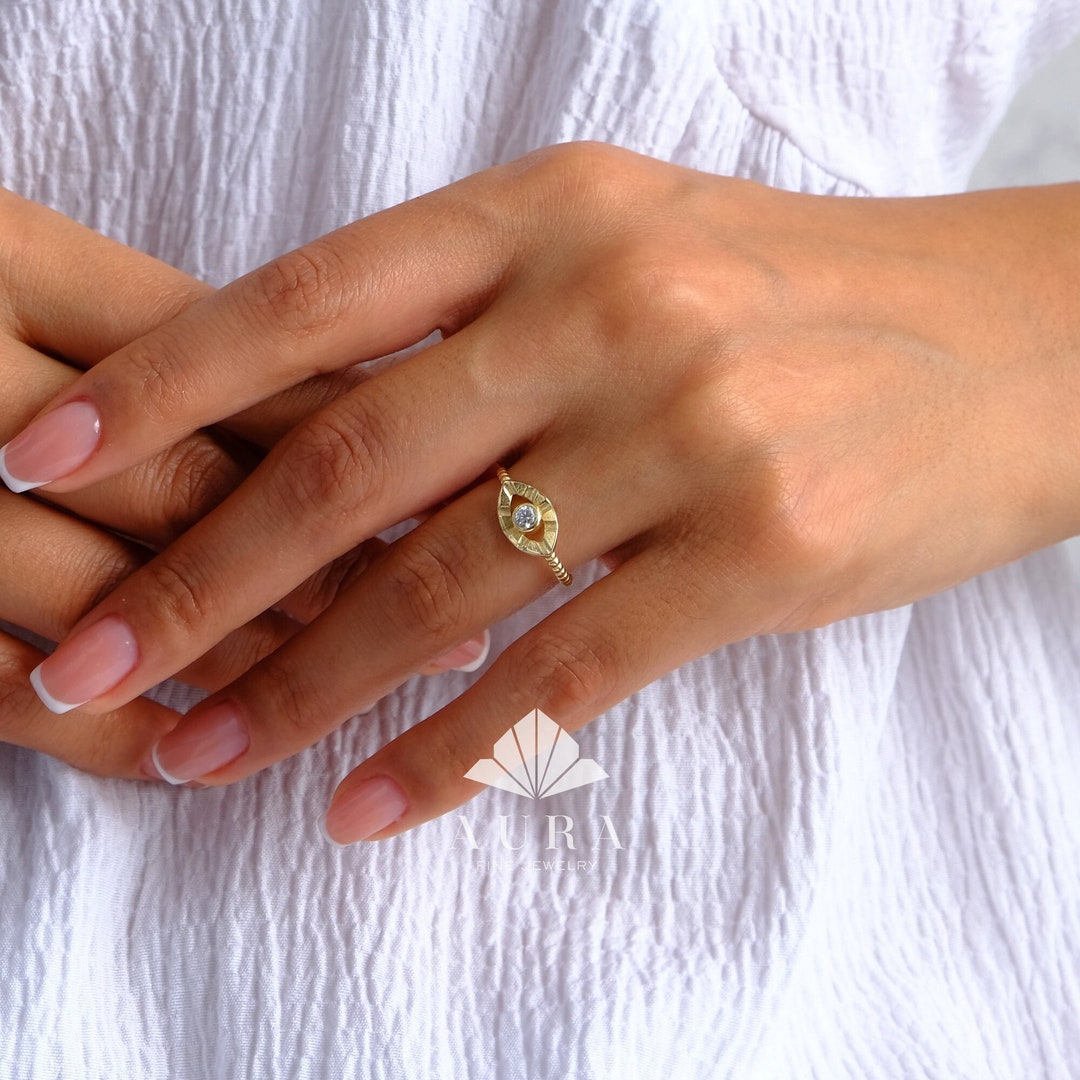 14K Gold Evil Eye Ring, Cz Diamond Evil Eye Band, Women Dainty Evil Eye ...