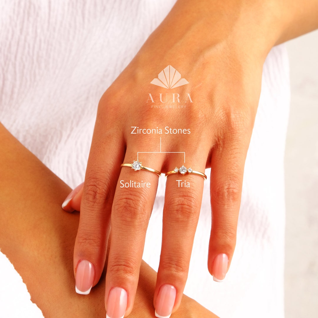 14K Gold CZ Diamond Solitaire Ring, Solitaire Diamond Ring, Single ...
